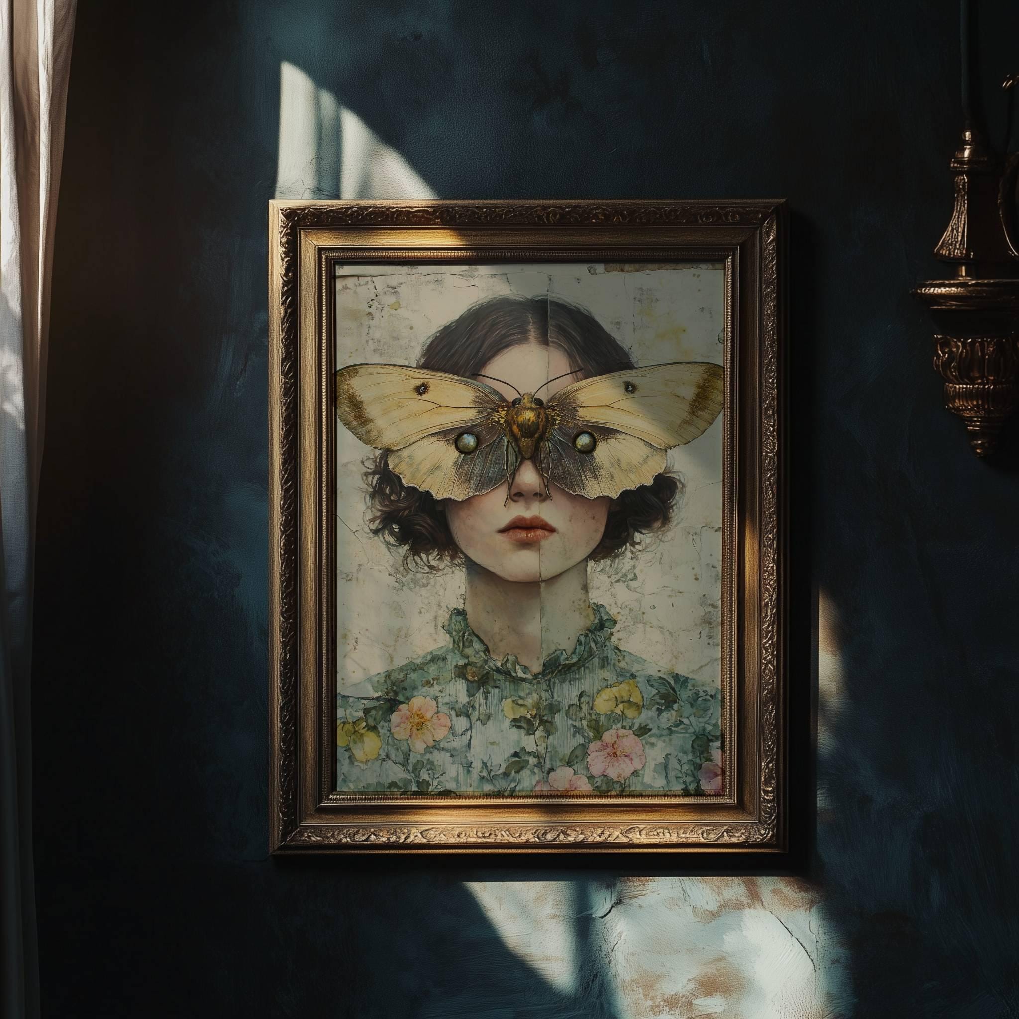 Pretty Moth Print Woman and Moth Printable Artwork Collage Style Wall ...