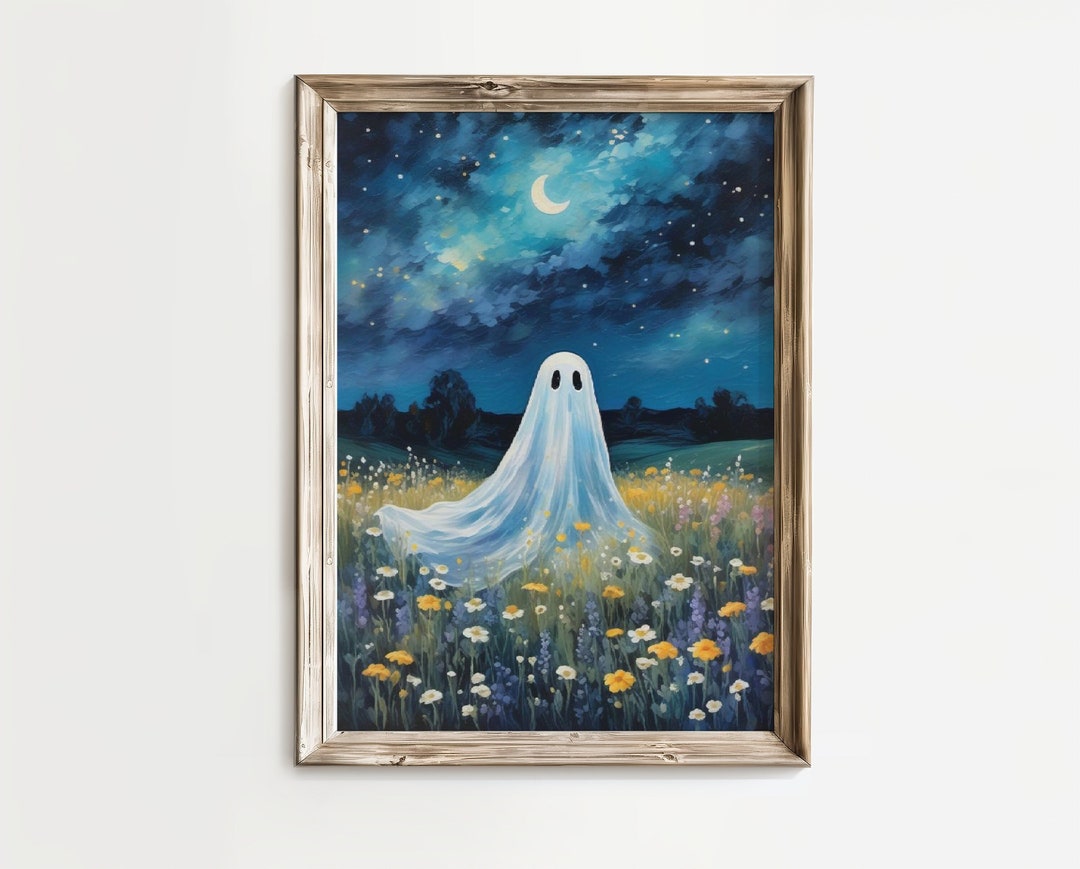 Cute Ghost Artwork Digital Print Ghost With Flowers Printable Whimsical ...