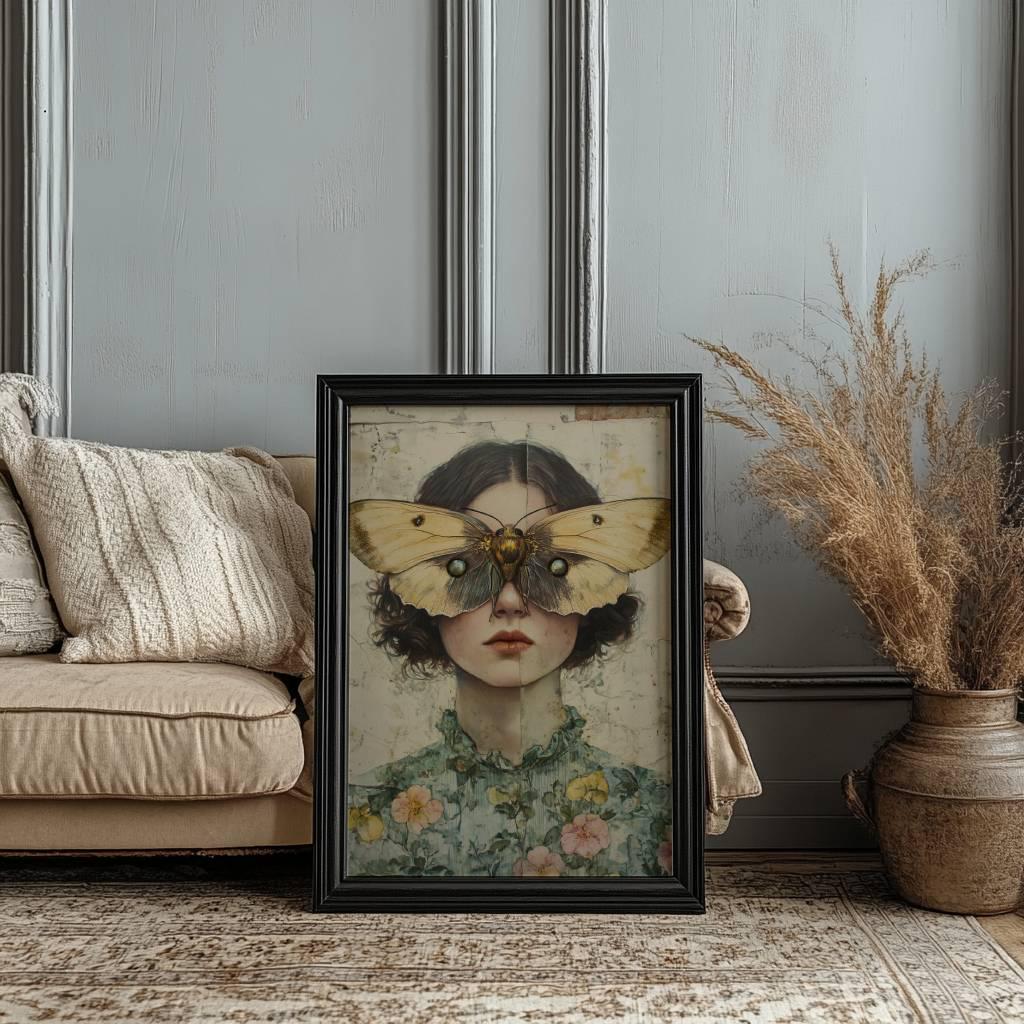 Pretty Moth Print Woman and Moth Printable Artwork Collage Style Wall ...