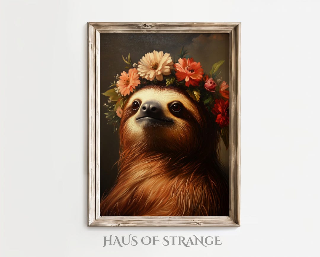 Whimsical Sloth Portrait Boho Sloth Wall Art Sloth in A Flower Crown ...