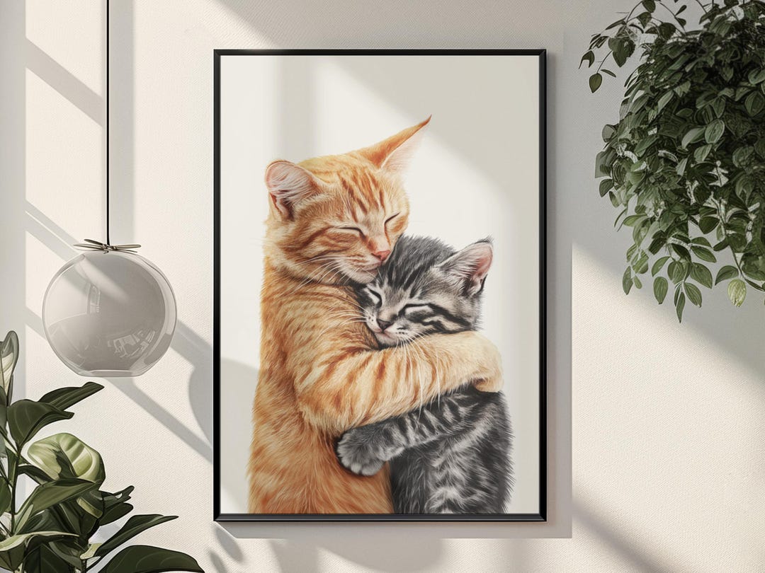 Cat Cuddles Art Print Orange Cat Poster Cat Lover Decor Cat Hug Wall ...
