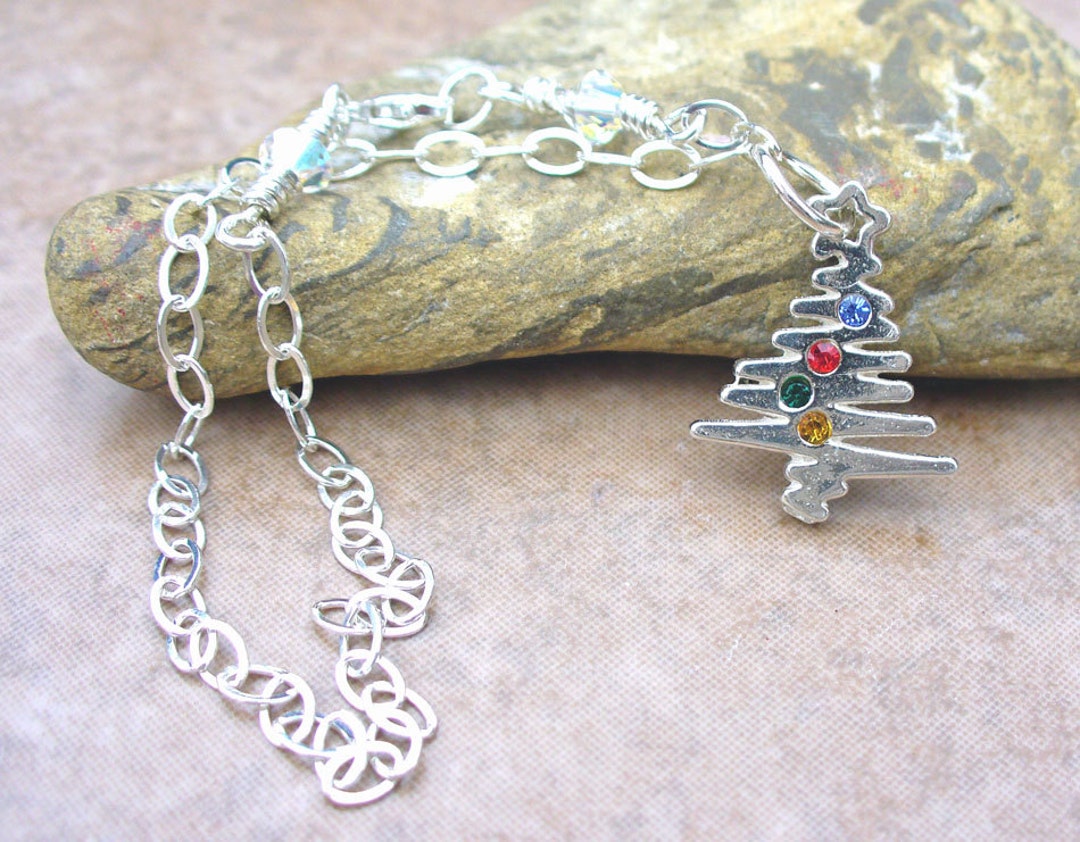 Sterling Silver Christmas Tree and Crystal Charm Bracelet - Beautiful ...