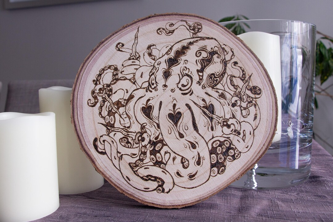 Japanese Style Octopus With Daggers Woodburn, Handmade, Pyrography - Etsy