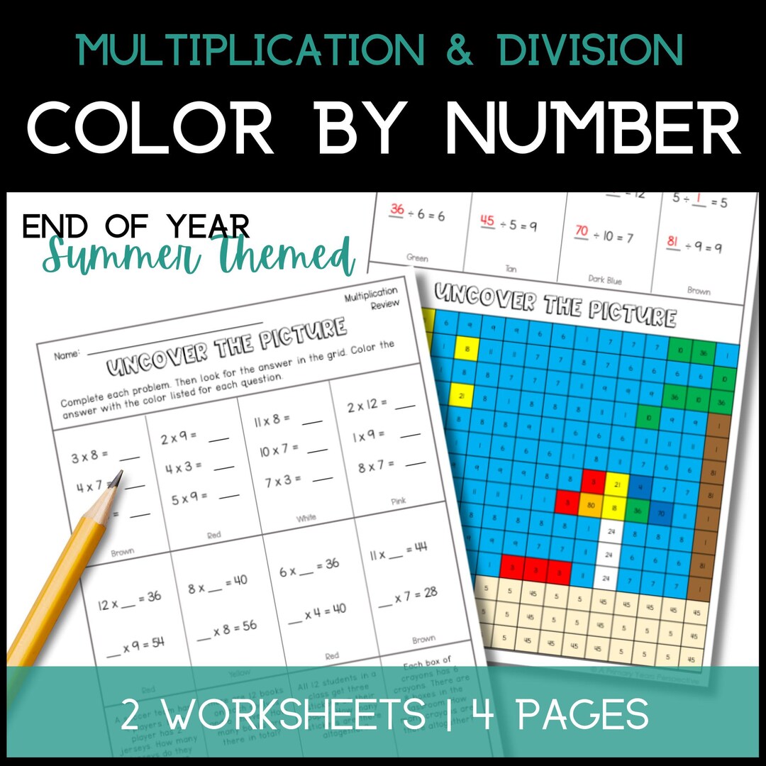 Summer Color by Number Multiplication Division Worksheet 3rd Grade Math ...