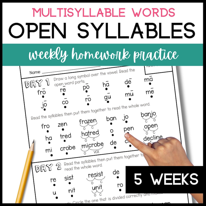 Six Types of Syllables Phonics Worksheet Multisyllable Words Open ...