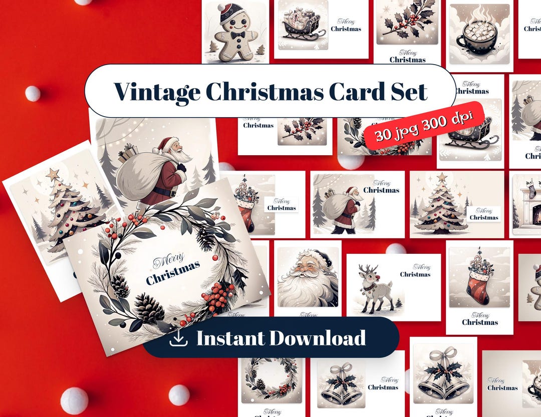 Vintage Christmas Card Set | Digital Retro Holiday Cards | Printable ...