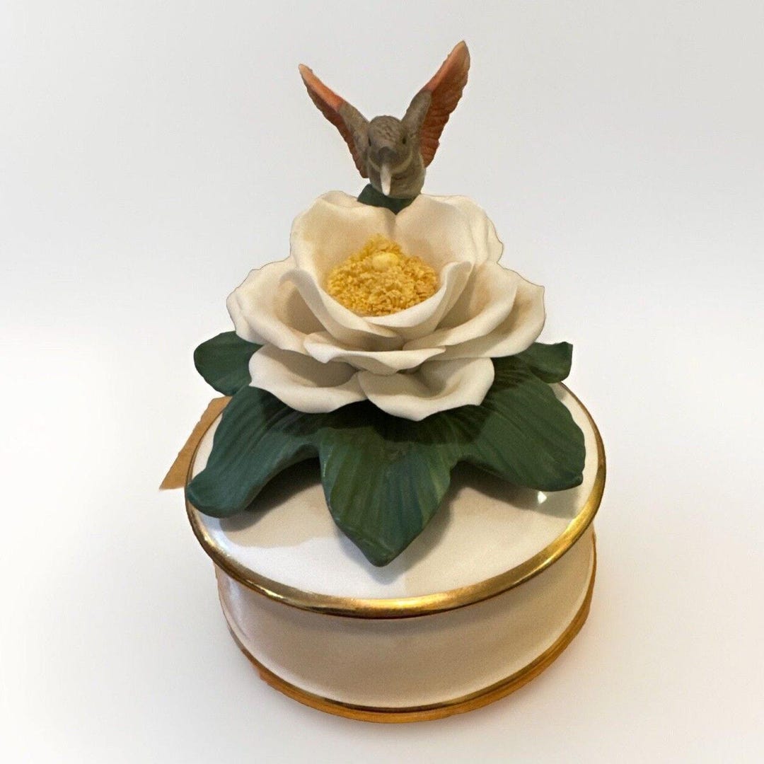 Vintage Porcelain Music Box by Teleflora Hummingbird White Gardenia ...