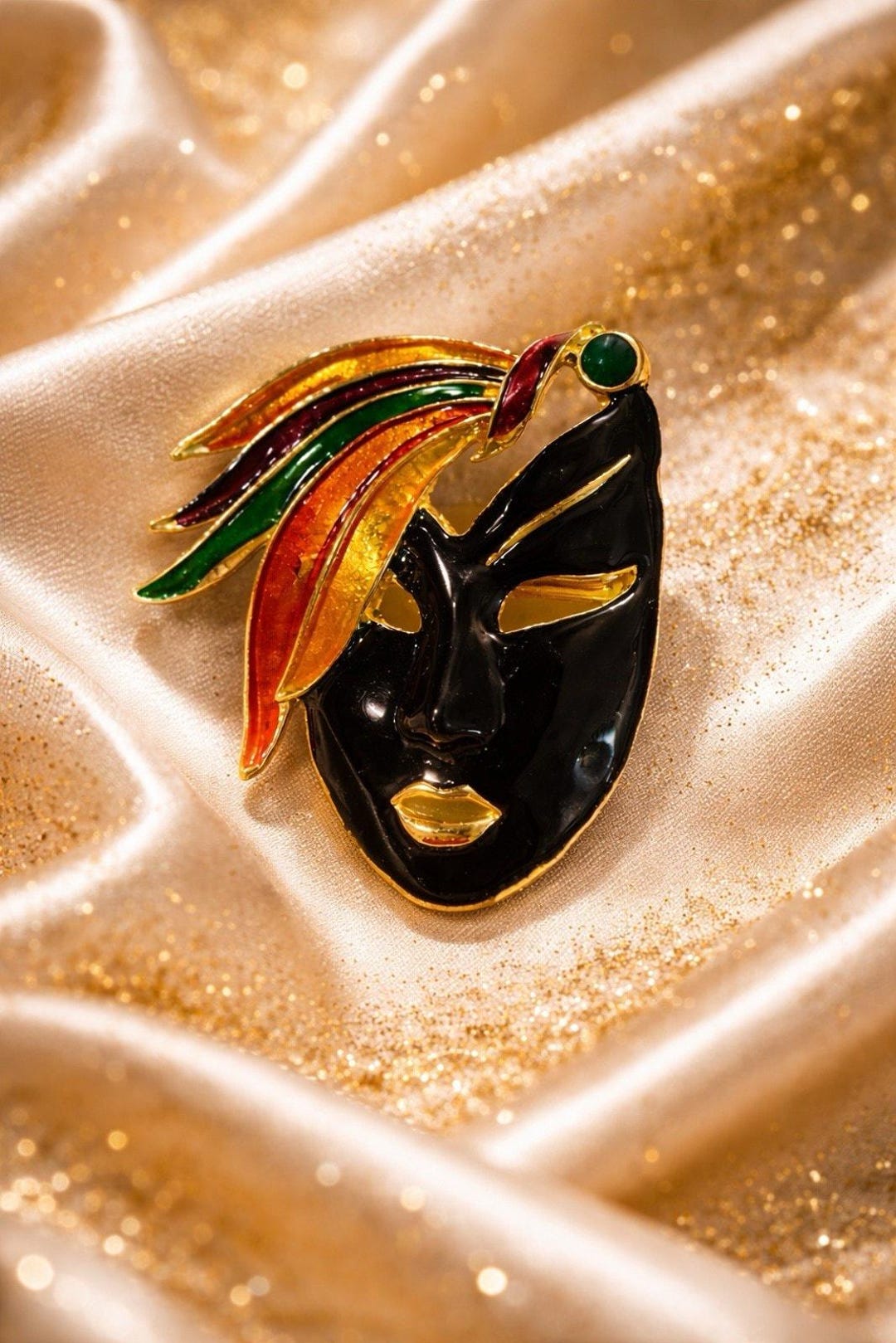 Vintage Enamel Masquerade Theater Mask Brooch Pin Black Gold Multicolor ...
