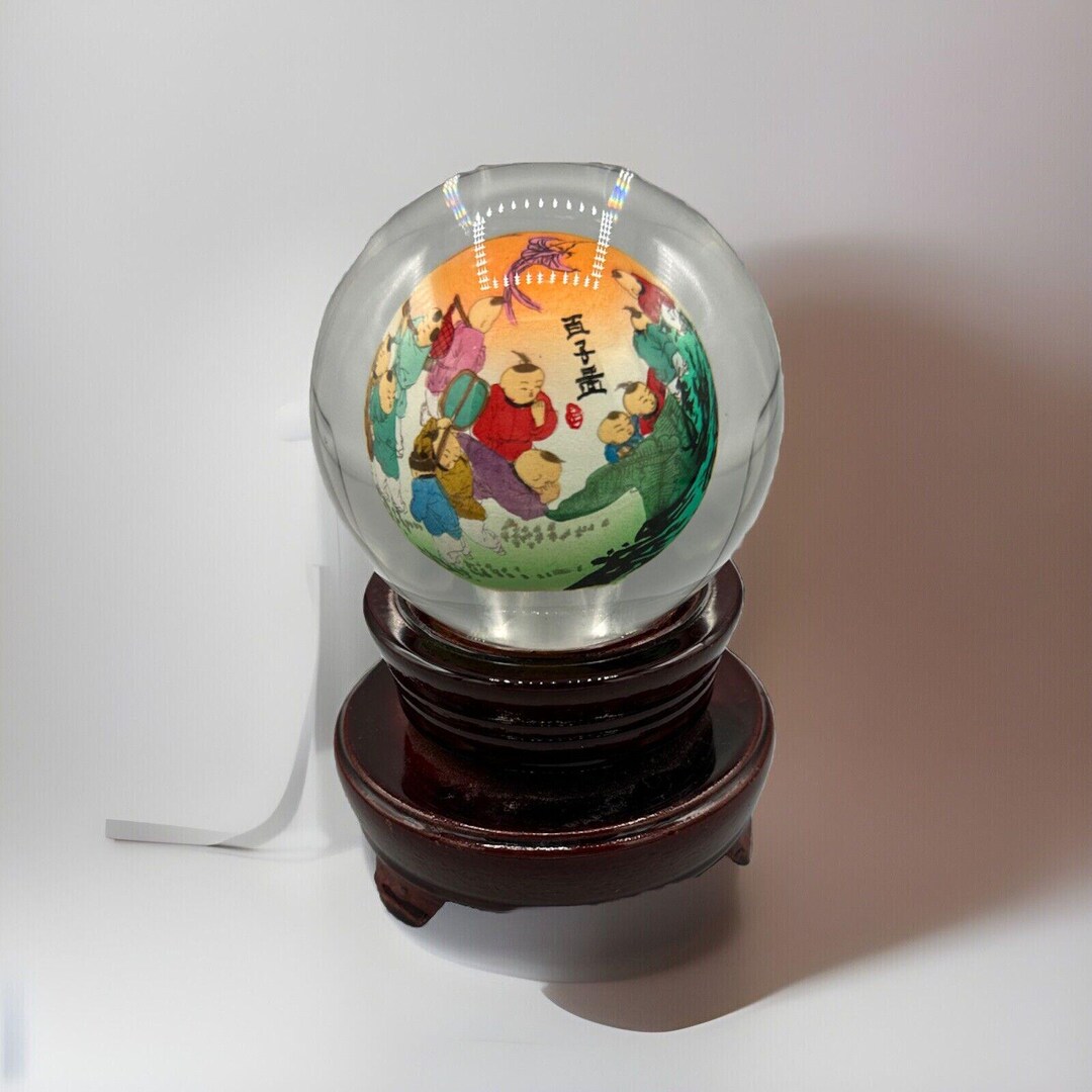 Vintage Chinese Glass Ball Sphere Chinese Music Scene With Wooden Base ...
