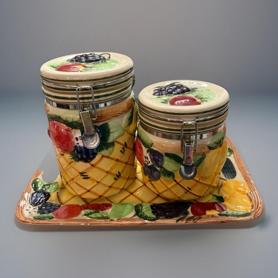 Vintage Canister Set Fruit Gourmet Home 3 Pc Retro Boho Rockabilly Food ...