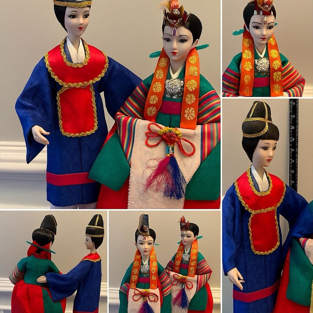 Korean Wedding Bride & Groom Dolls 18” on Base Hanbok Wonsam Jokduri ...