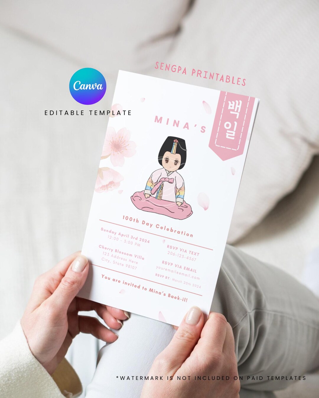 100 Days Baek-il Invitation Custom Hand Drawn Pink Hanbok Theme Korean ...