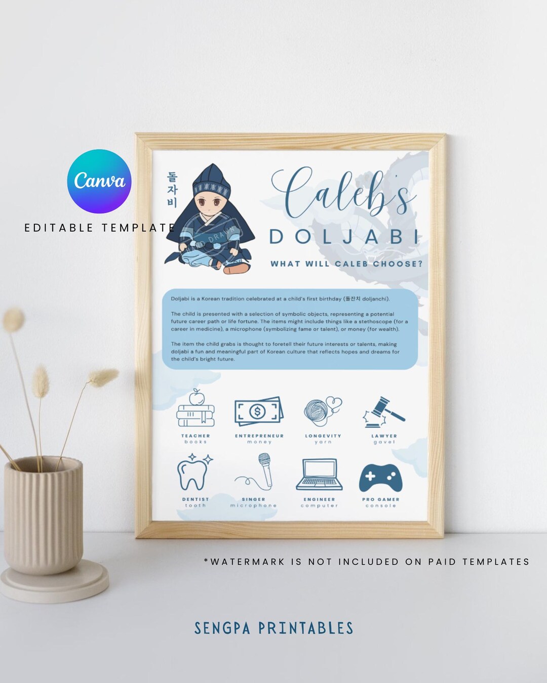 Doljabi 1st Birthday Poster Custom Hand Drawn Blue Hanbok Theme Korean ...
