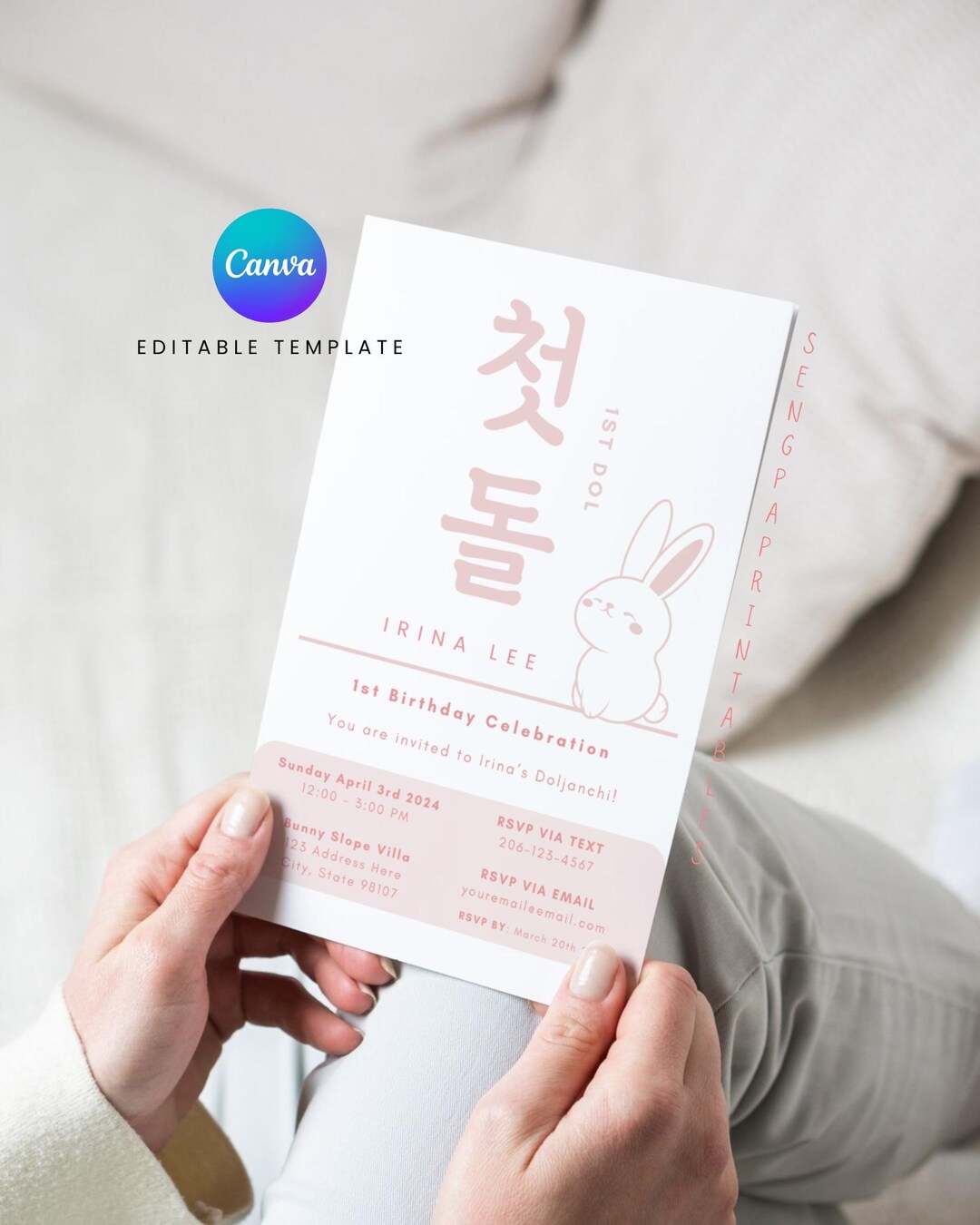 1st Dol Birthday Invitation Pink Year of Rabbit Theme Korean ...