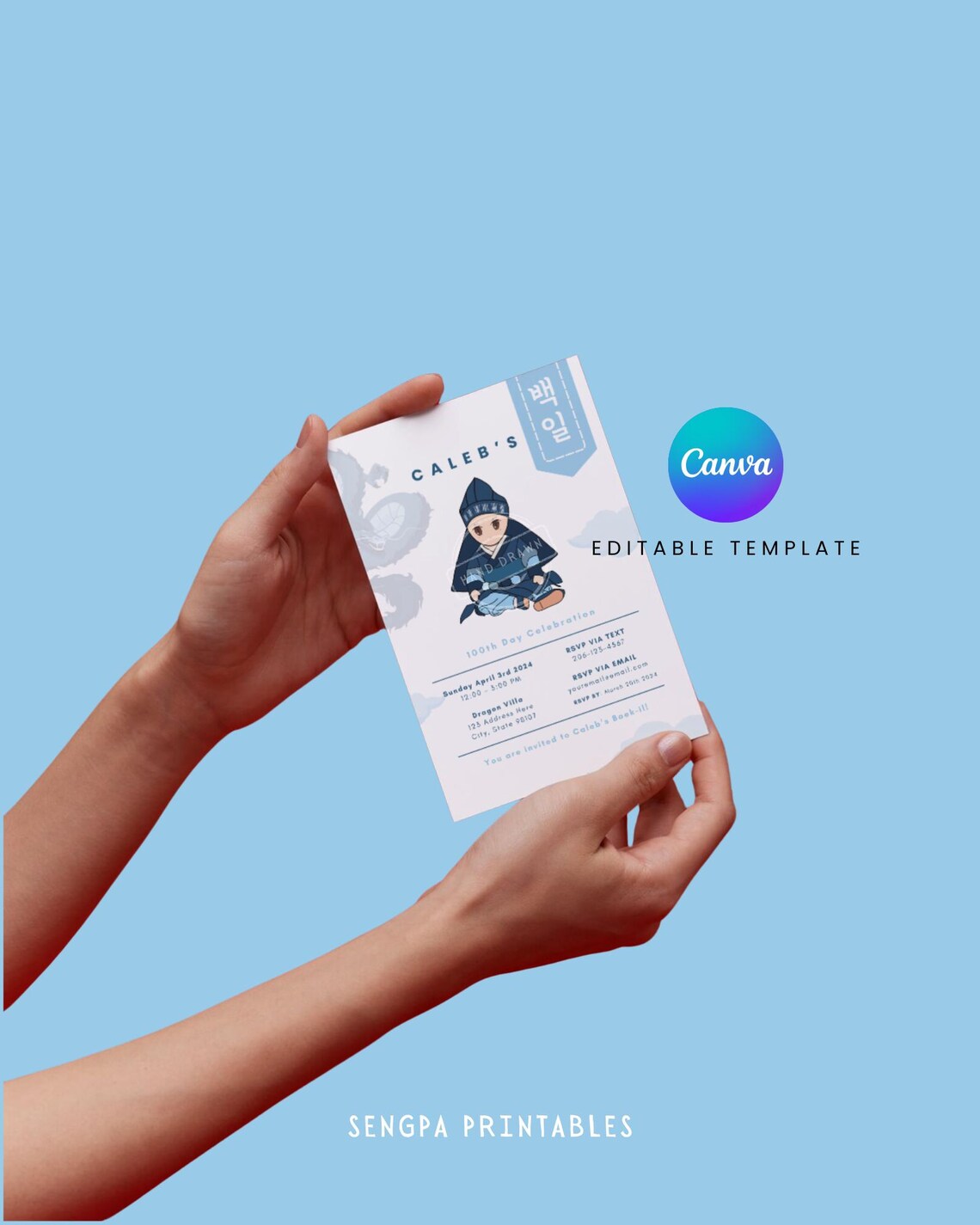 100 Days Baek-il Invitation | Custom Hand Drawn Blue Hanbok Theme ...