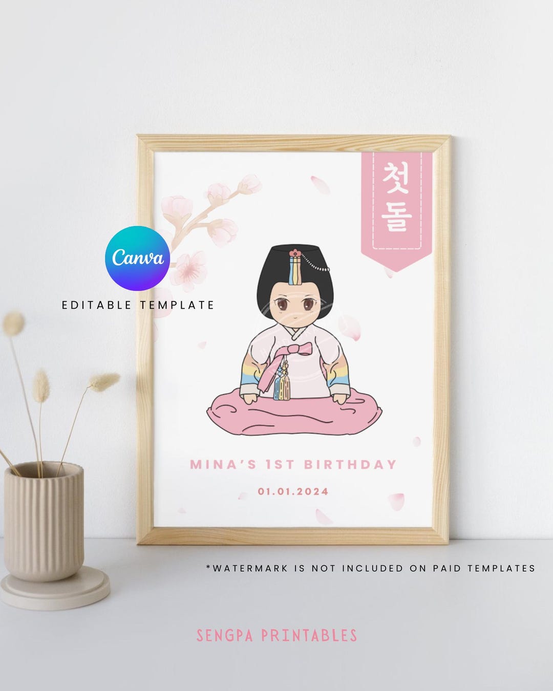 1st Dohl Birthday Poster | Custom Hand Drawn Pink Hanbok Theme | Korean ...