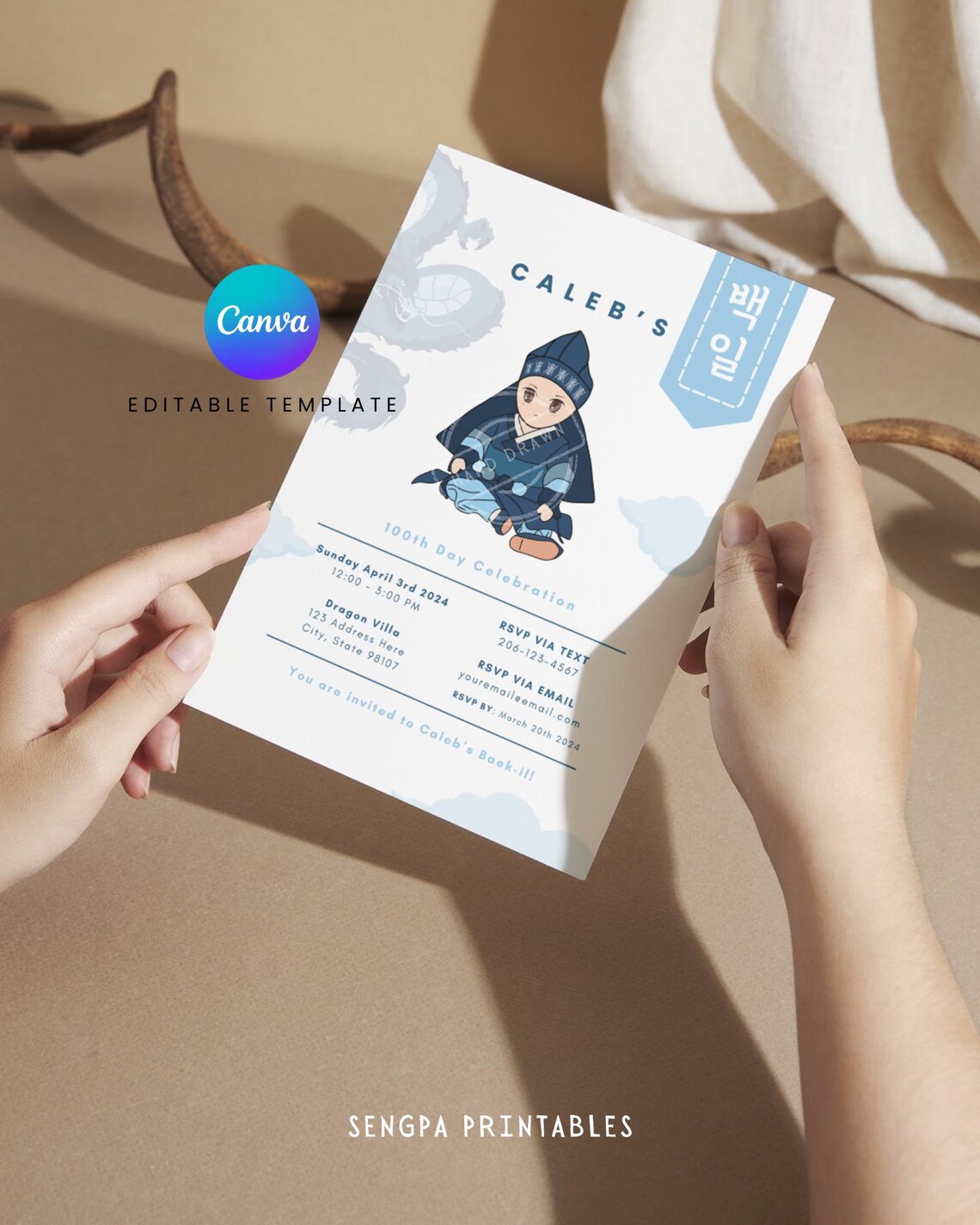 100 Days Baek-il Invitation | Custom Hand Drawn Blue Hanbok Theme ...