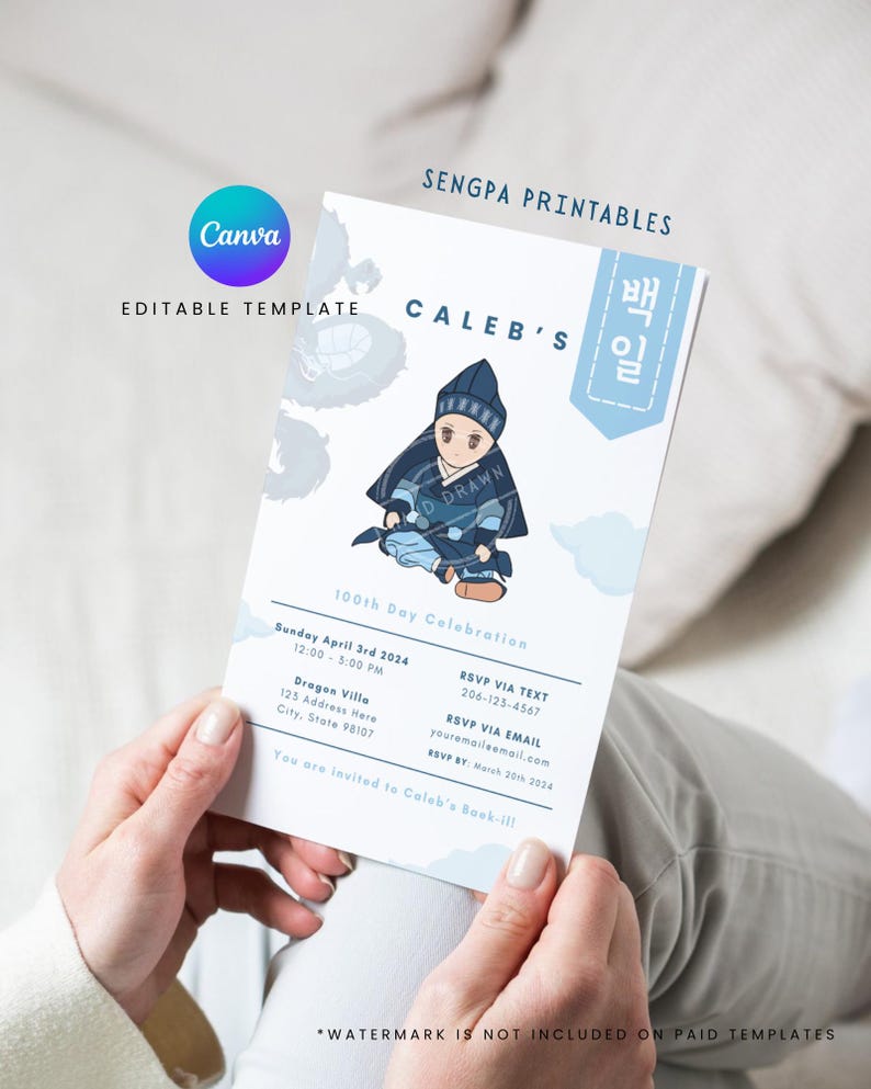 100 Days Baek-il Invitation | Custom Hand Drawn Blue Hanbok Theme ...