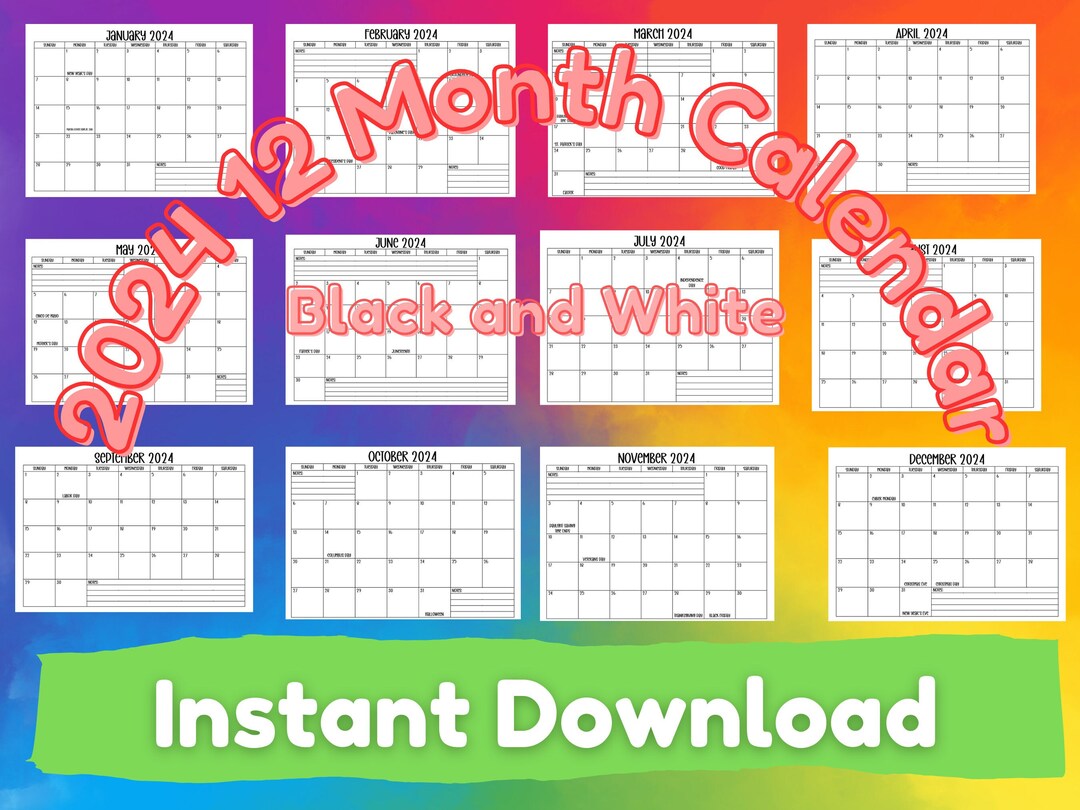 2024 Monthly Calendars Black and White With Holidays - Etsy
