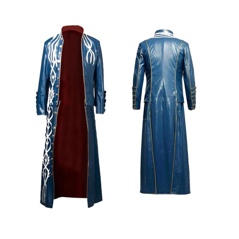 Men's Handmade Gamers Blue Leather Trench Coat Gamers Halloween Cosplay ...