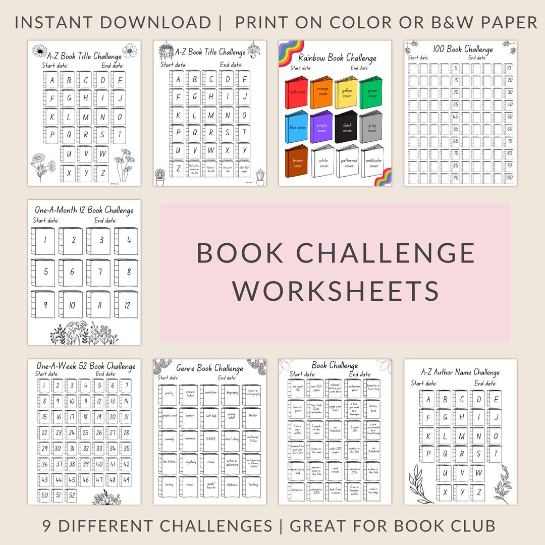 Book Lovers' Reading Challenge Worksheets, Printable, Instant Download ...