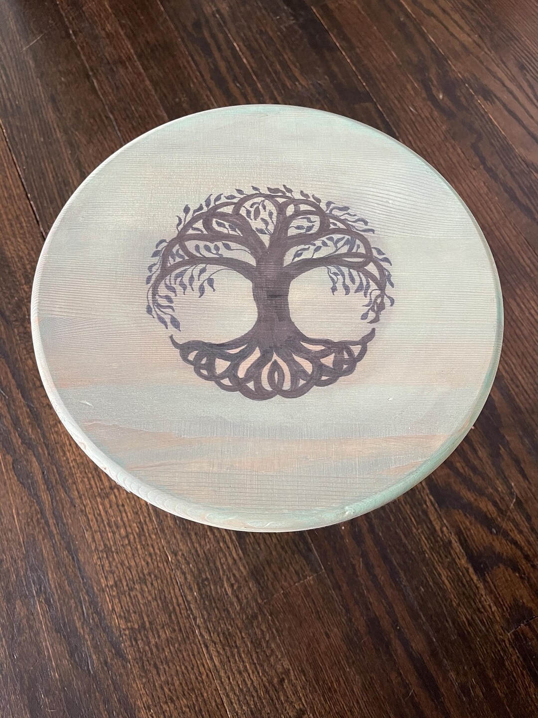 Tree of Life Small Wood Altar, Stool, Stained Aqua, Matte Finish Yule ...