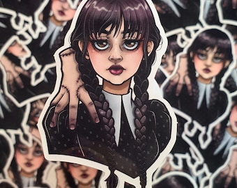 Wednesday Addams and Thing Sticker, Illustrated Kiss Cut Vinyl Sticker ...