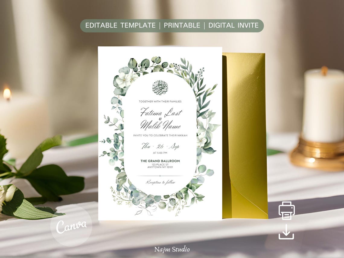 Nikkah Walima Invitation Template, Muslim Wedding Invitation Green ...