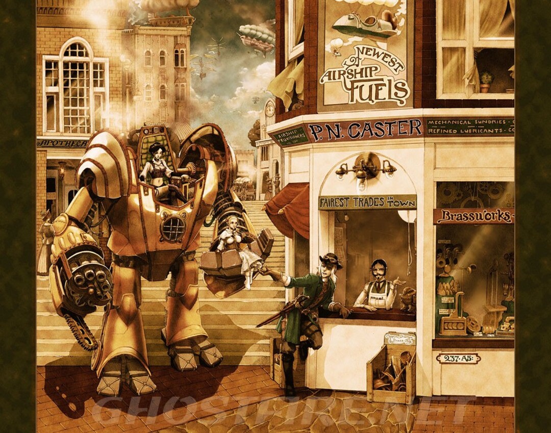 Faux Antiqued Steampunk Mecha at the Shop With Airships Art Print ...