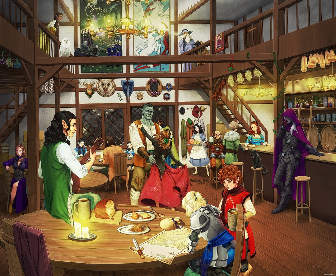 Dungeons & Dragons Fantasy Tavern con Tiefling, Halflings, Drow y más impresión de arte ...