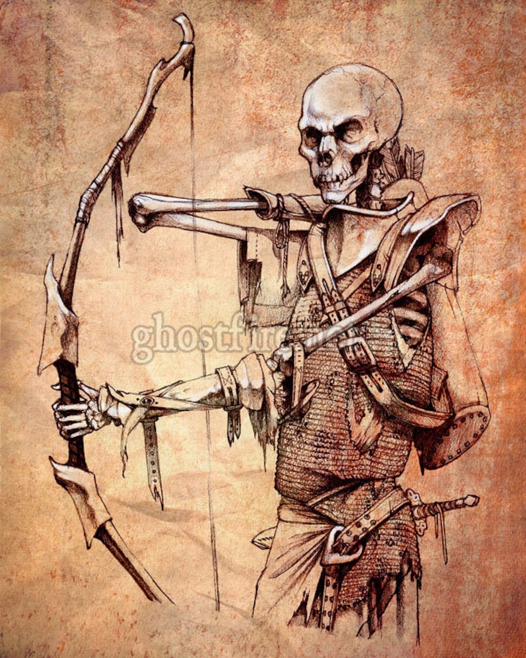 Antiqued Necromancer Fantasy Undead Skeleton Archer Art Print - 8 X 10 ...
