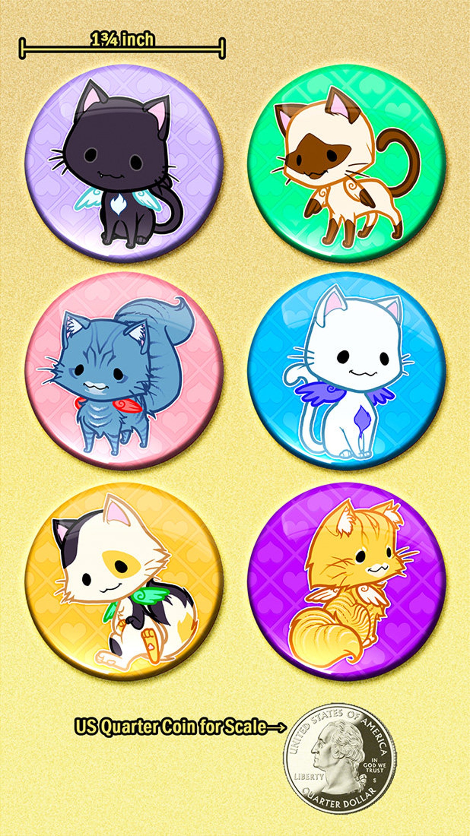 Cute Chibi Kitties - Winged Cats - 1.75" Pin-backed Buttons or Magnets ...
