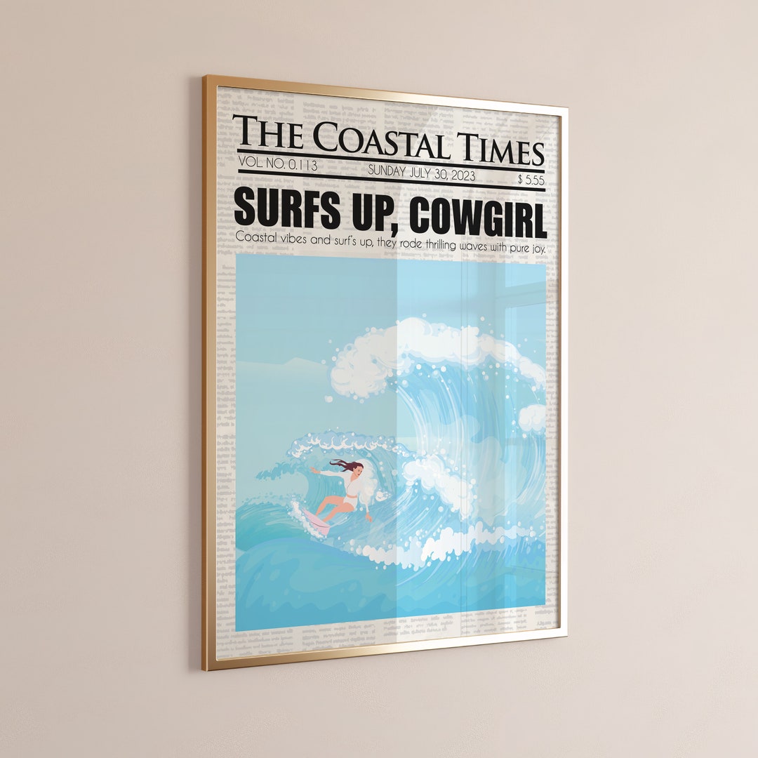 Blue Surfer Girl Poster, Preppy Coastal Newspaper Print, Summer ...