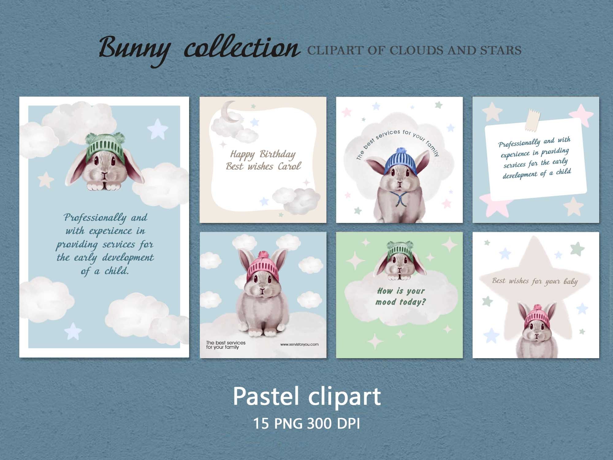Bunny Clipart. Pastel Rabbit PNG Clipart. Clouds and Stars. Hand Drawn ...