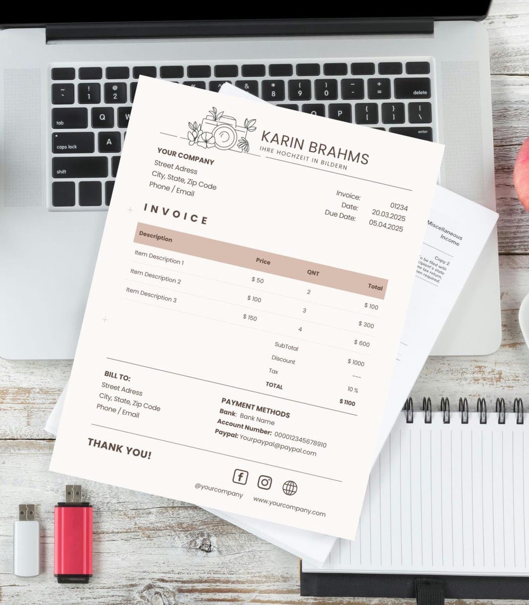 Invoice Template Editable, Minimalist, Instant Download, Invoice Form ...