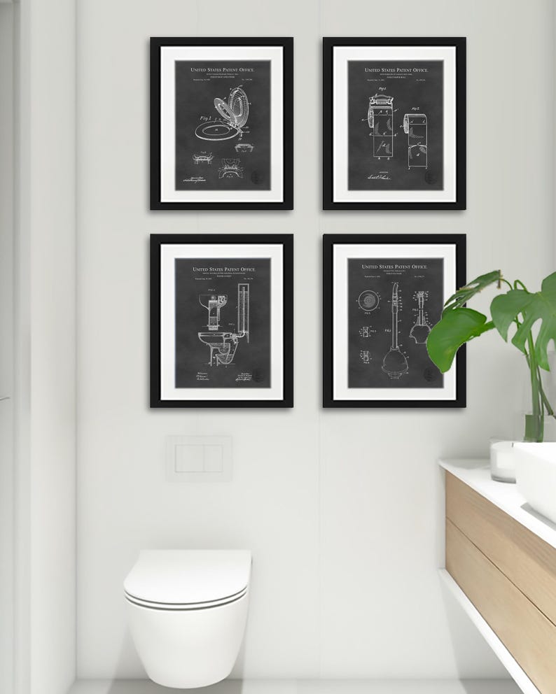 Unique Bathroom Wall Art | Vintage Patents of Toilet Paper Roll, Water ...