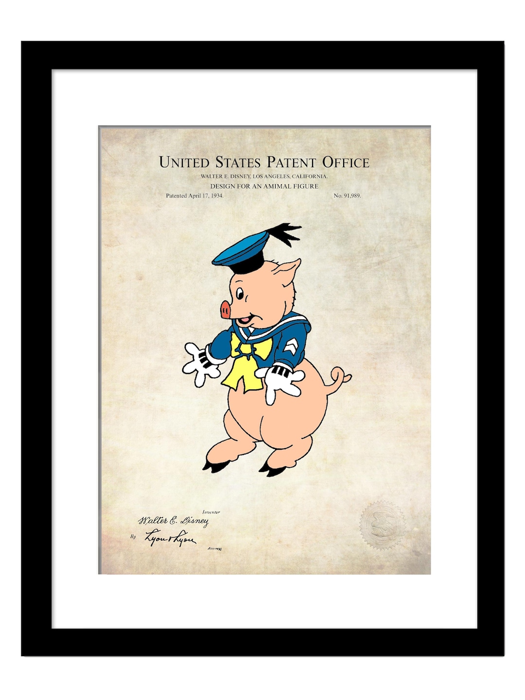 Classic Animated Pig | 1934 Walter E. Disney Figure Patent | Gift for ...