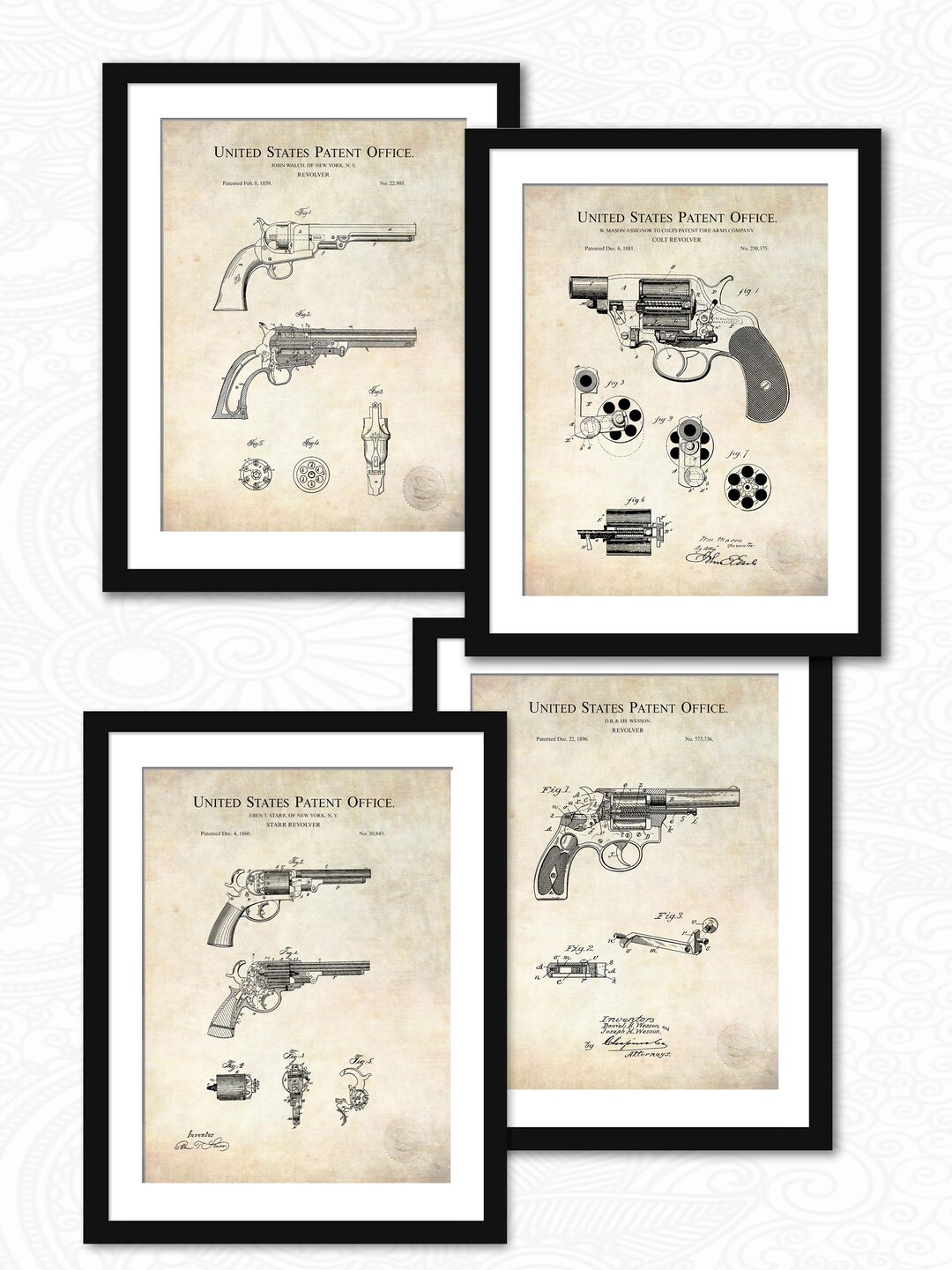 Vintage Revolver Designs | Prints of Historic Gun Patents | 4 Print Set ...