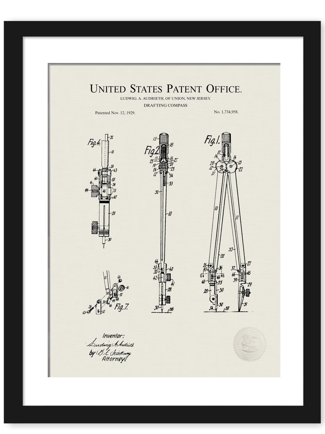 Vintage Engineer Decor | 1929 Drafting Compass Patent | Gift for ...