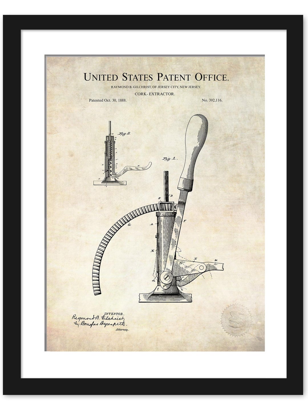 Vintage Cellar Decor | Print of 1888 Cork Extractor Patent | Wine ...