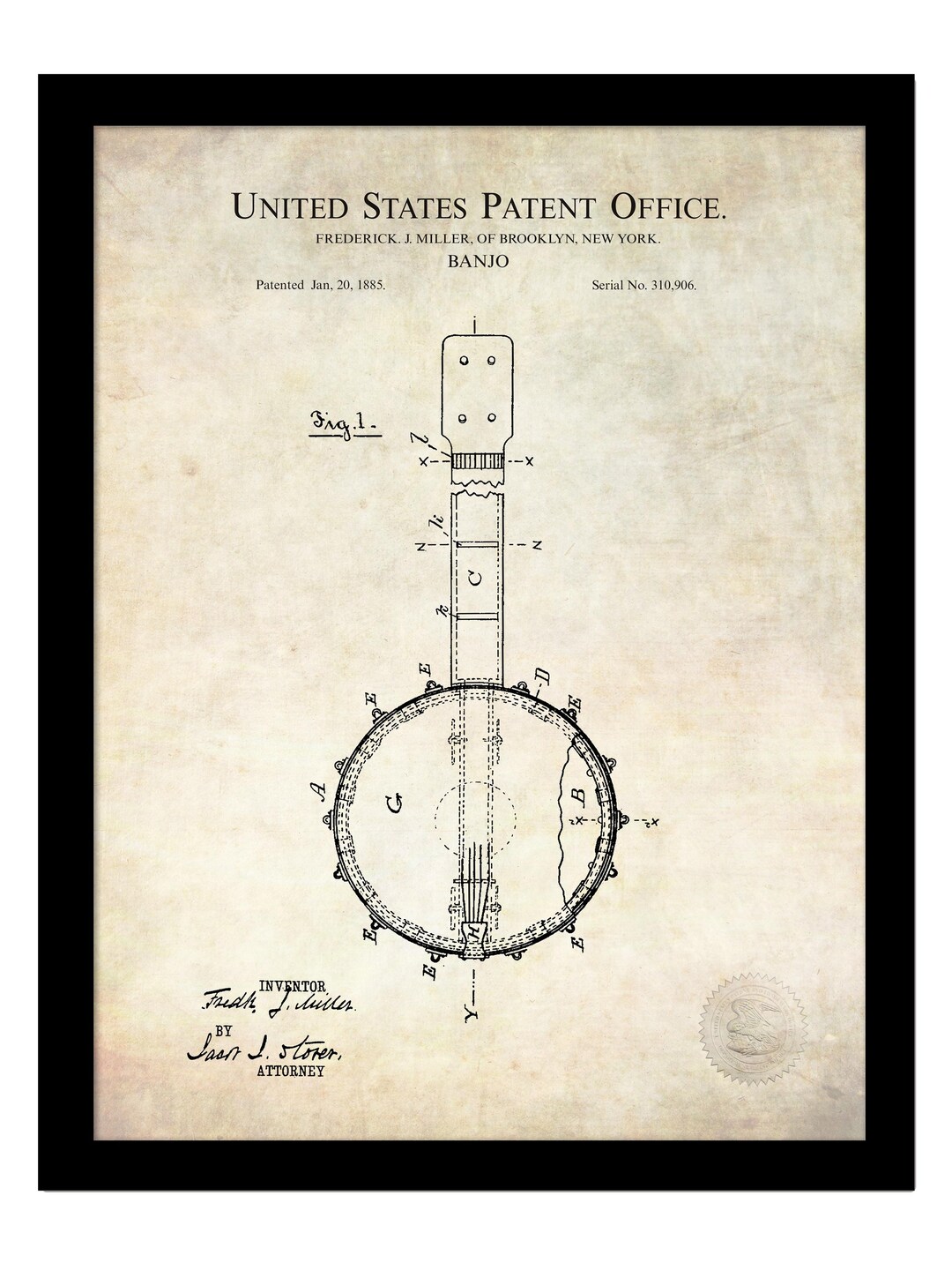 Vintage Banjo Decor | 1885 Banjo Design Patent | Classic Instrument Art ...
