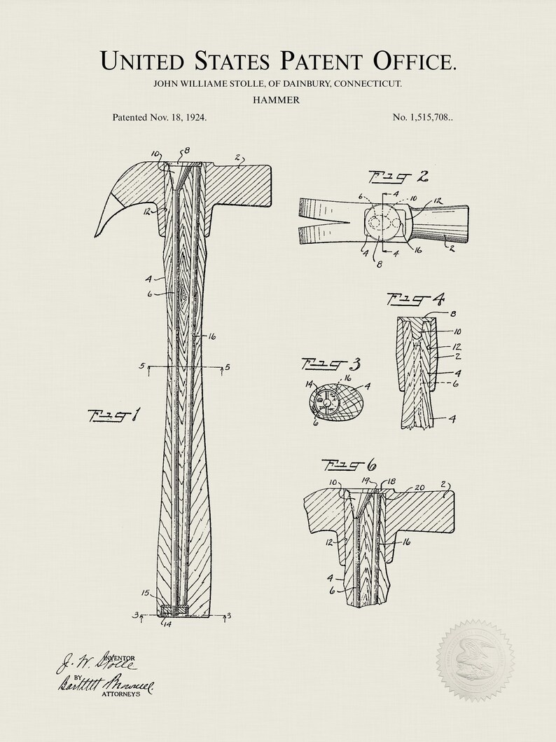 Antique Hammer Print | 1924 Hammer Design Patent | Gift for DIY ...