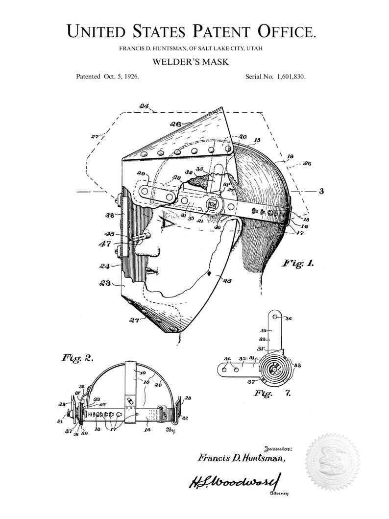 Antique Welder's Mask Print | 1926 Welding Mask Patent | Gift for ...