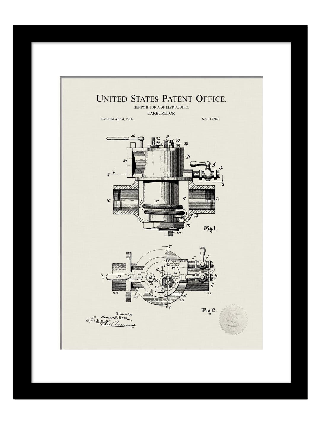 Vintage Automotive Wall Art | 1916 Ford Carburetor Patent Print ...