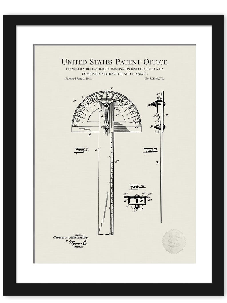 Architectural Protractor Art | 1911 Protractor & T-square Patent | Gift ...