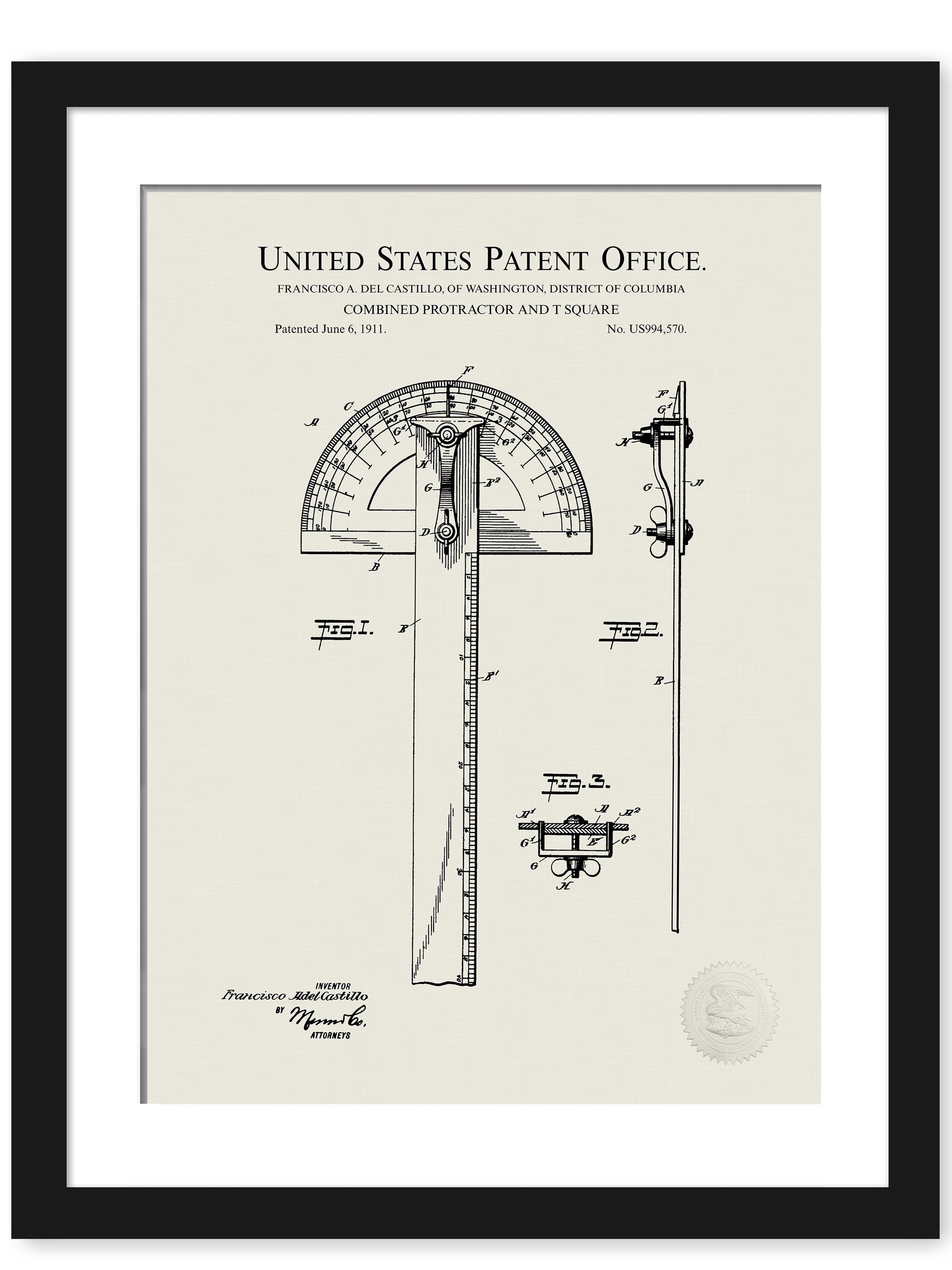 Architectural Protractor Art | 1911 Protractor & T-square Patent | Gift ...