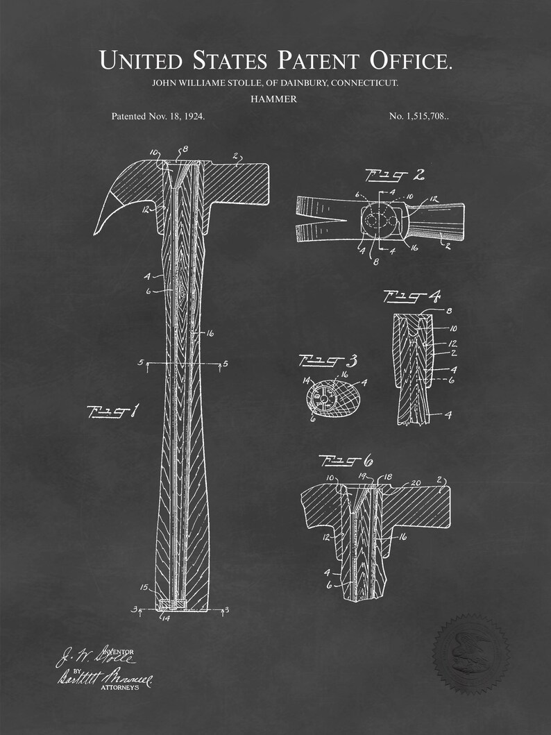 Antique Hammer Print | 1924 Hammer Design Patent | Gift for DIY ...