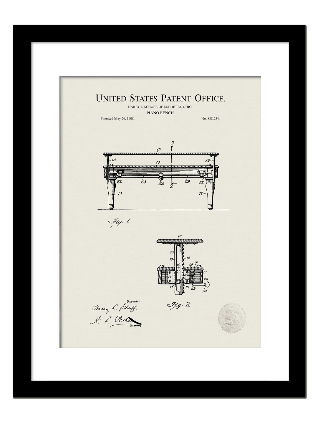 Vintage Piano Bench Print | 1908 Adjustable Bench Patent | Music Room ...