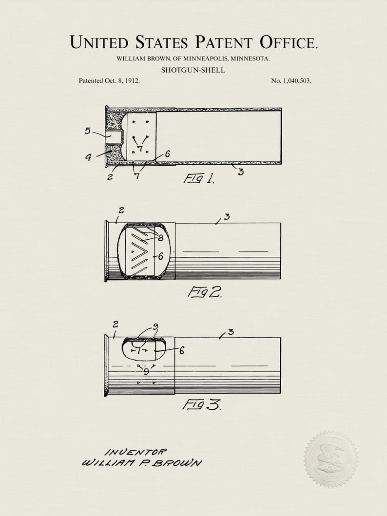Vintage Firearm Art | 1912 Shotgun Shell Design Patent Print | Gift for ...