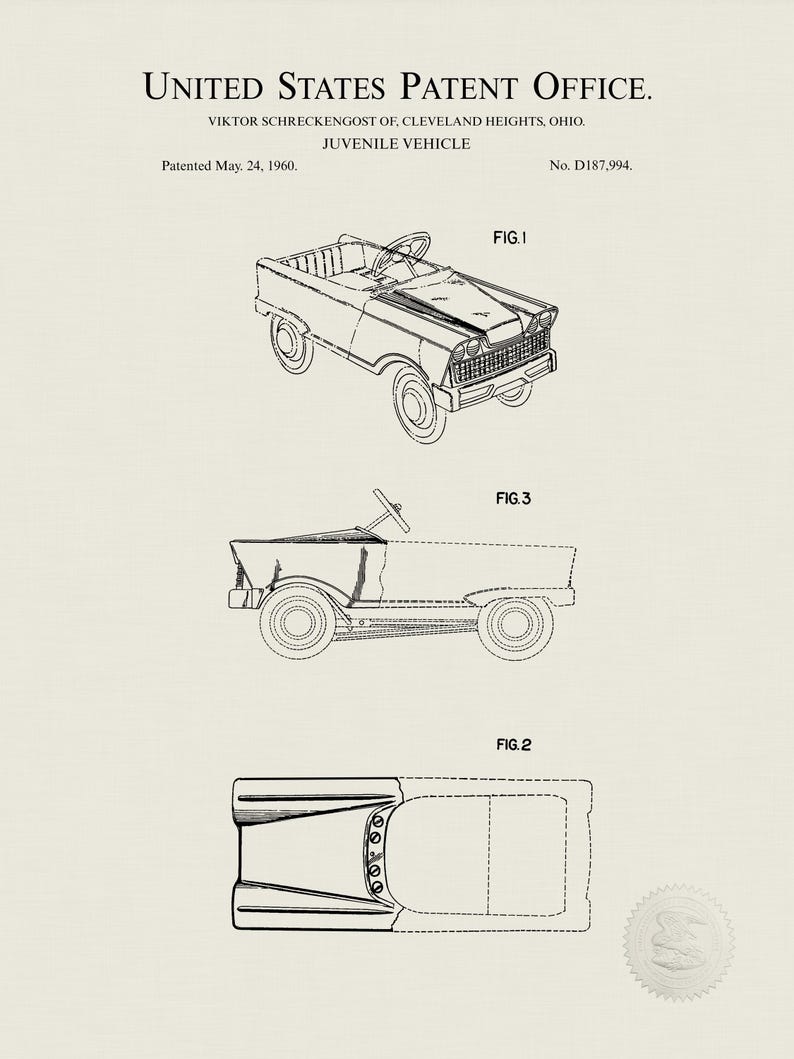 Classic Pedal Car Design | 1960 Juvenile Vehicle Patent | Vintage Toy ...